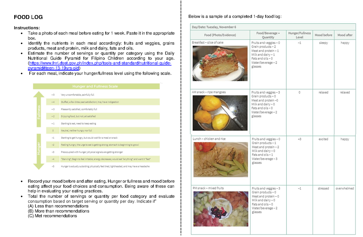 Food Log Instructions Sample - FOOD LOG Instructions: - Take a photo of ...
