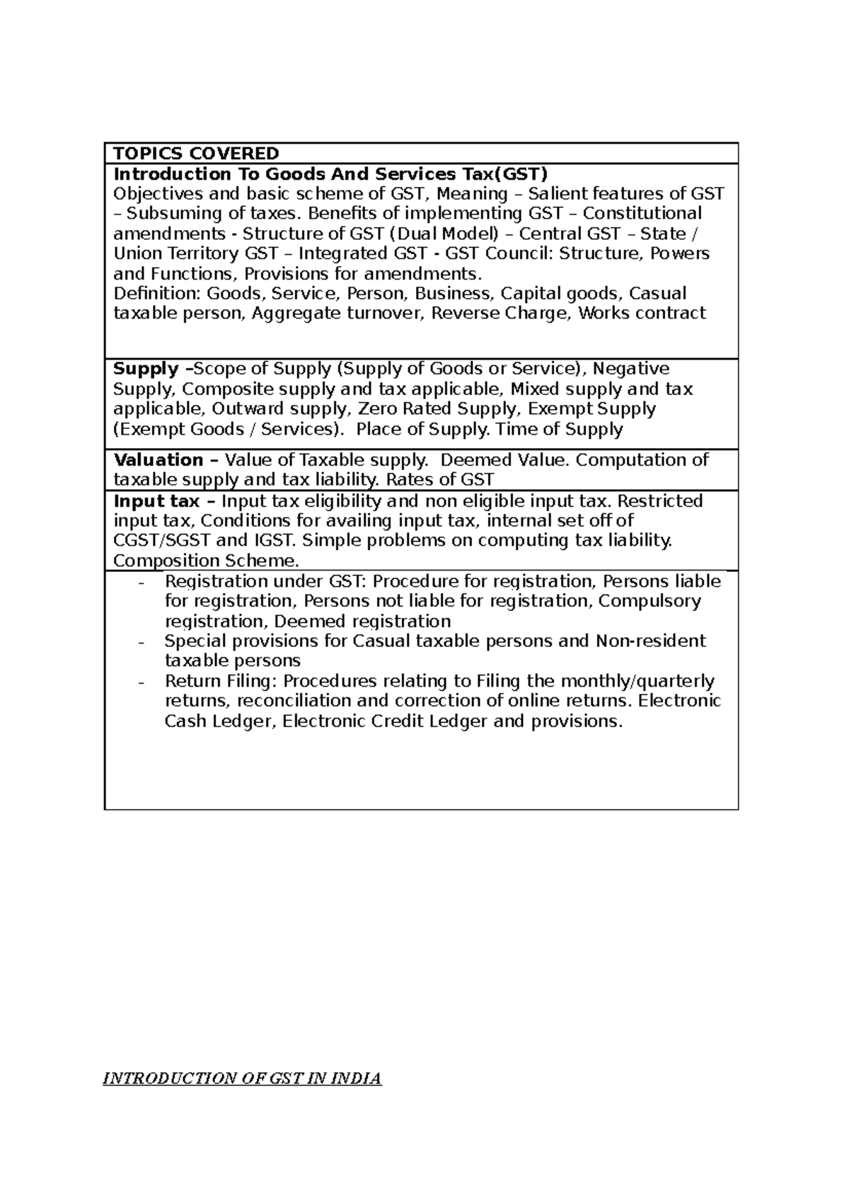 GST Notes Semester 6 - TOPICS COVERED Introduction To Goods And ...