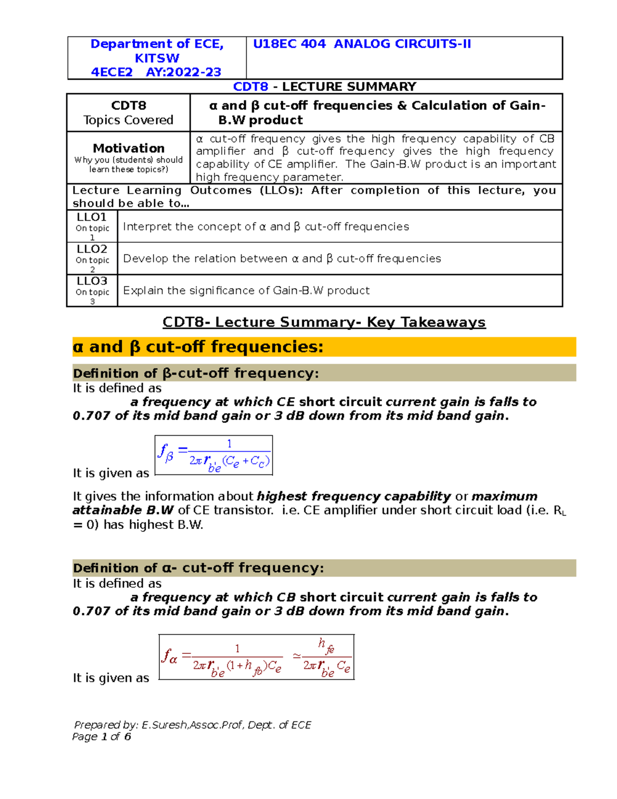 AC-II CDT8 Summary Unit1 4ECE2 ES - ####### KITSW ####### 4ECE2 AY:2022- ####### CDT8 - LECTURE ...