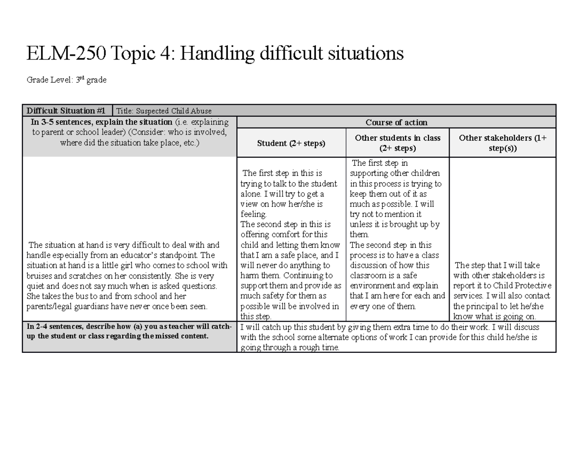 Handling Difficult Situations - ELM-250 Topic 4: Handling difficult ...