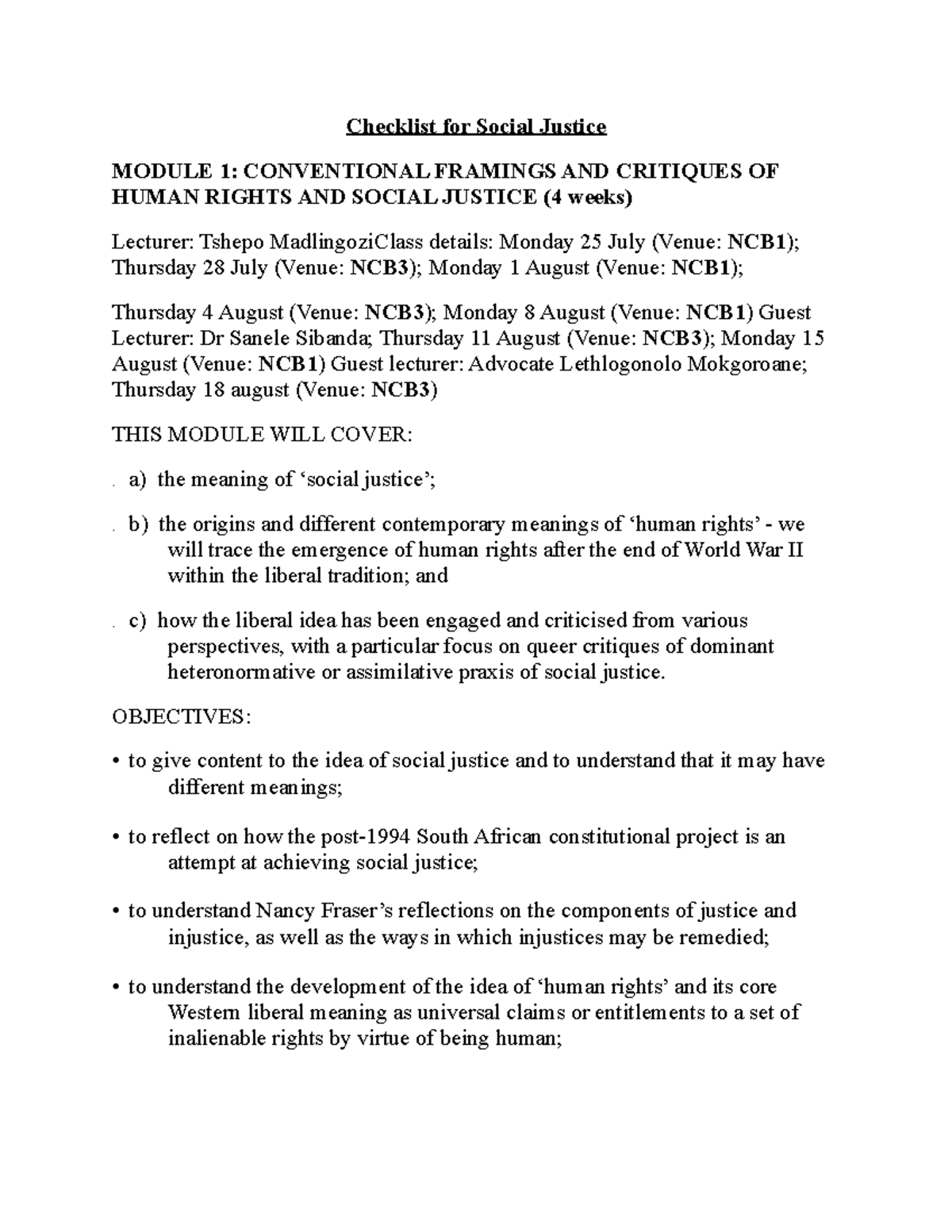 Checklist for Social Justice - Checklist for Social Justice MODULE 1 ...
