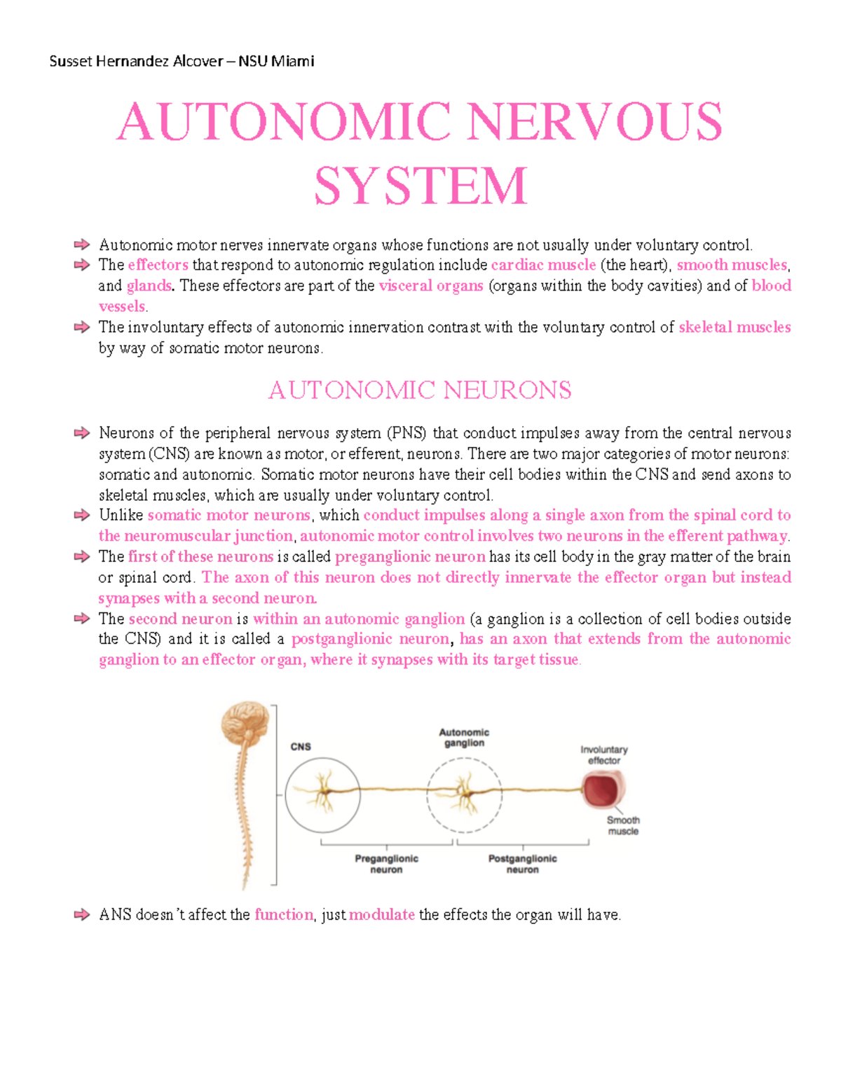 Autonomic Nervous System Summary - Susset Hernandez Alcover NSU Miami ...