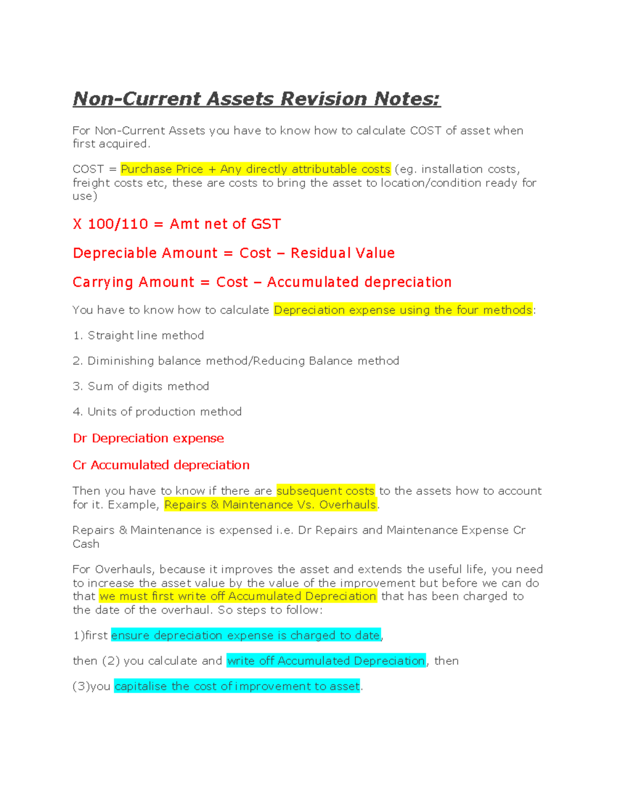 Noncurrent Assets Notes AF101 - Non-Current Assets Revision Notes: For ...
