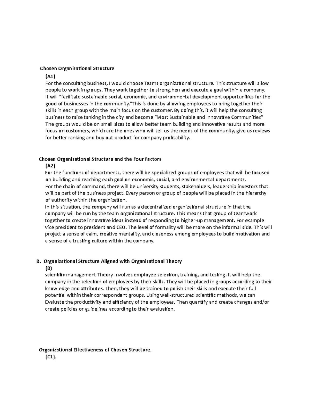 D078 Task 1 - Writing assessment - Chosen Organizational Structure (A1 ...