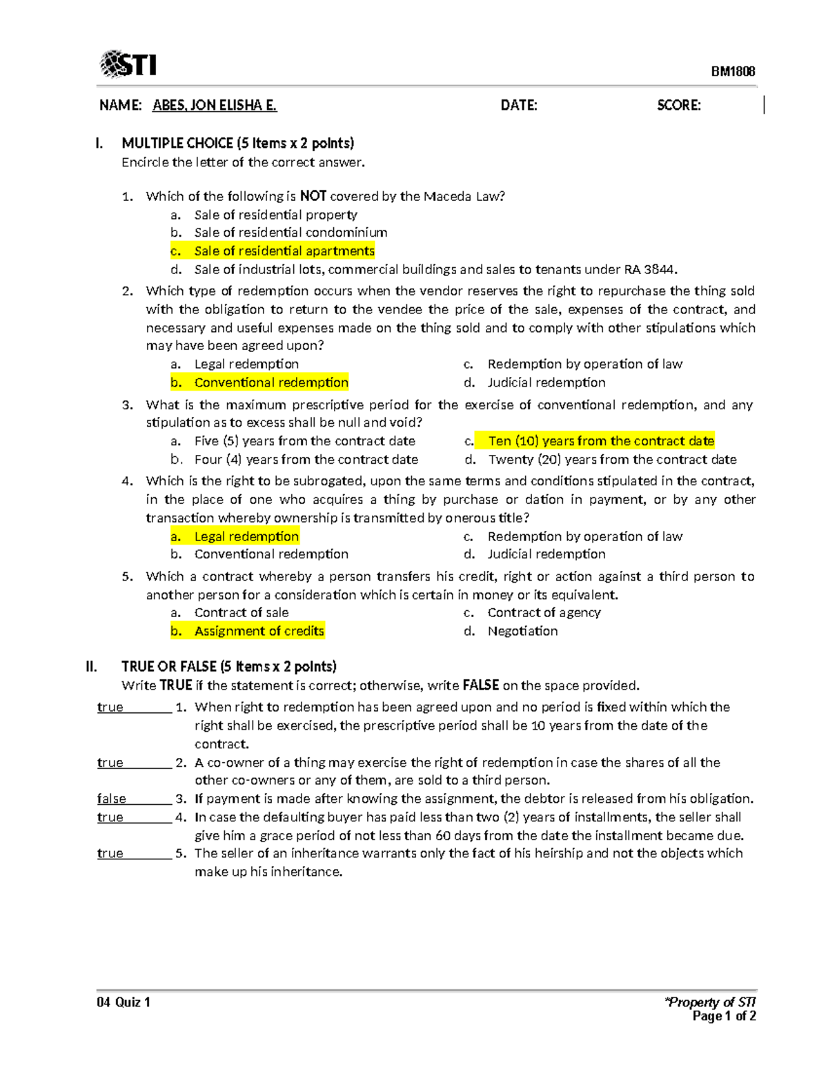 04 Quiz 1 Rflib - BM 04 Quiz 1 *Property of STI Page 1 of 2 NAME: ABES ...