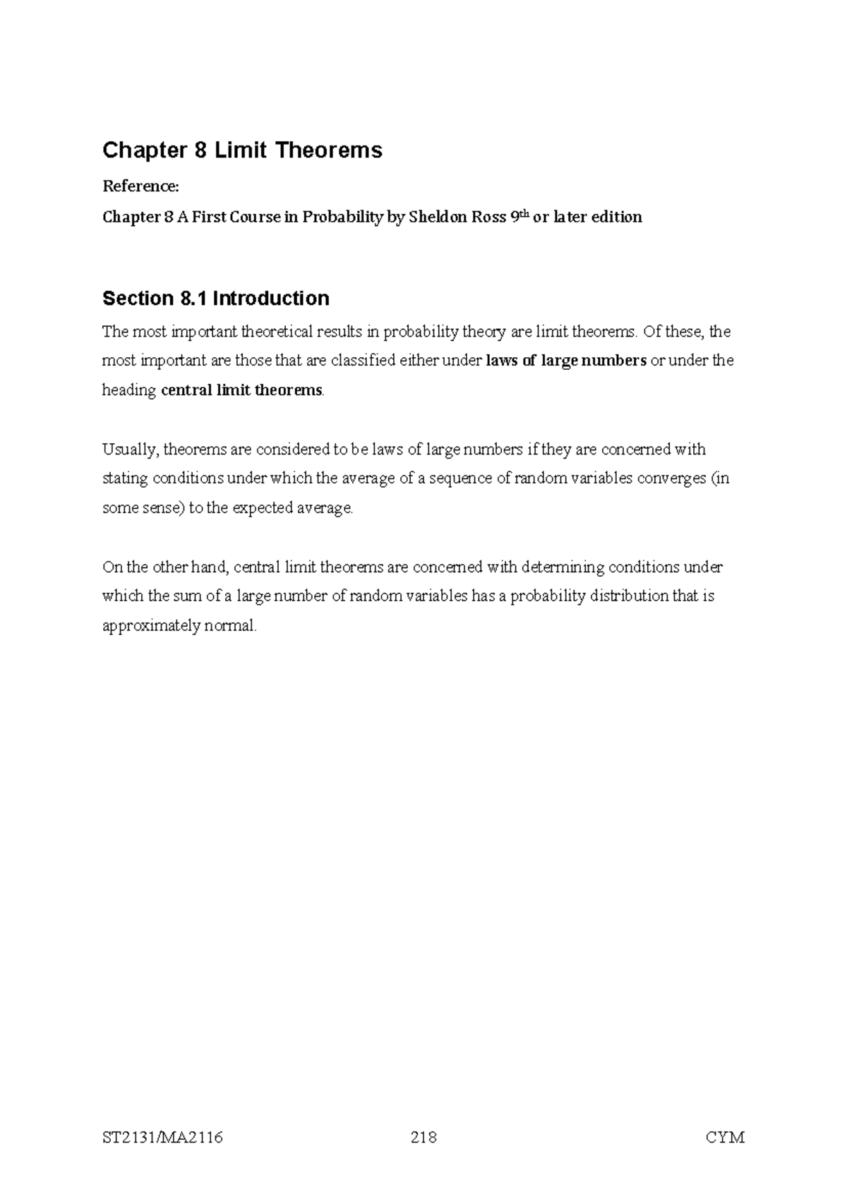 Chapter 8 Limit Theorems - Chapter 8 Limit Theorems Reference: Chapter ...