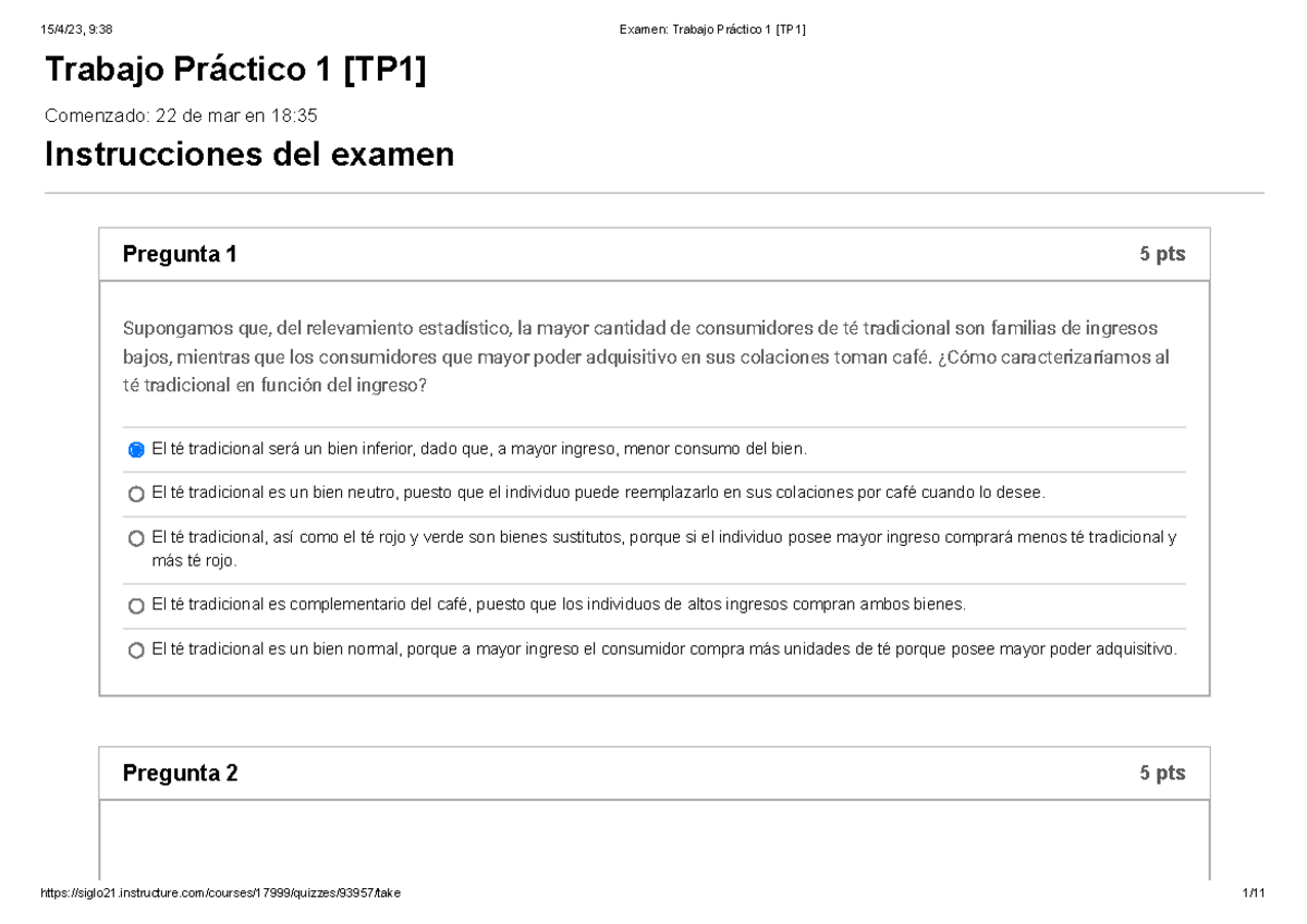 Economia 1 -TP1 80% - TP APROBADO - Trabajo Práctico 1 [TP1] Comenzado: 22 de mar en 18: - Studocu