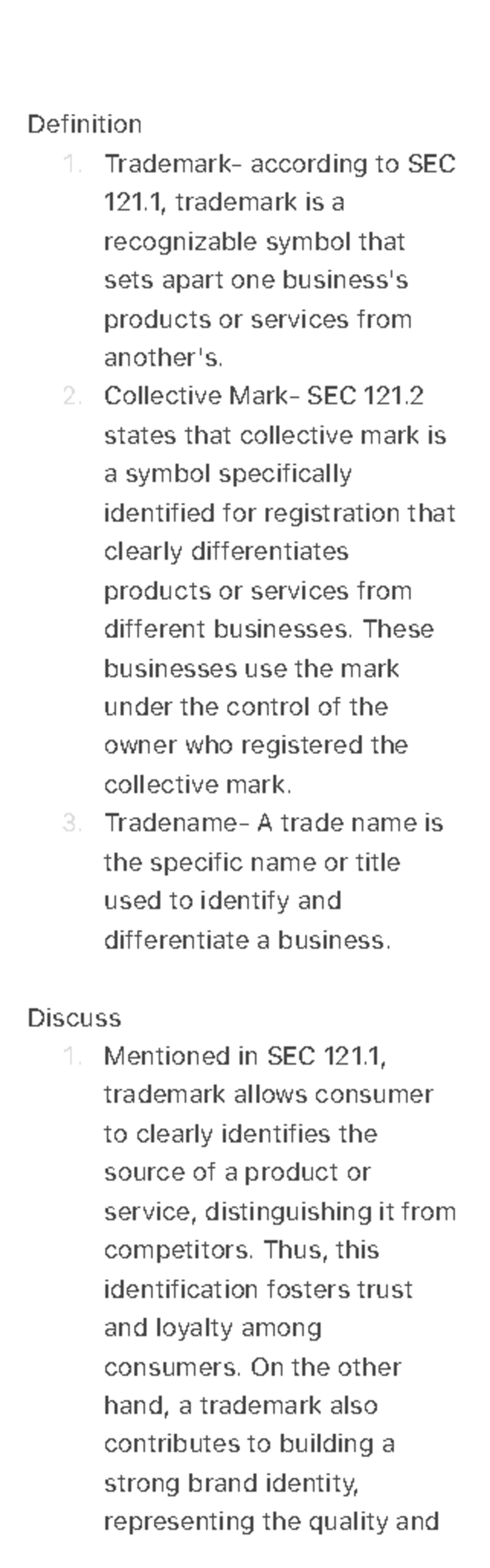 Definition - Law - 1. 2. 3. 1. Definition Trademark- according to SEC ...