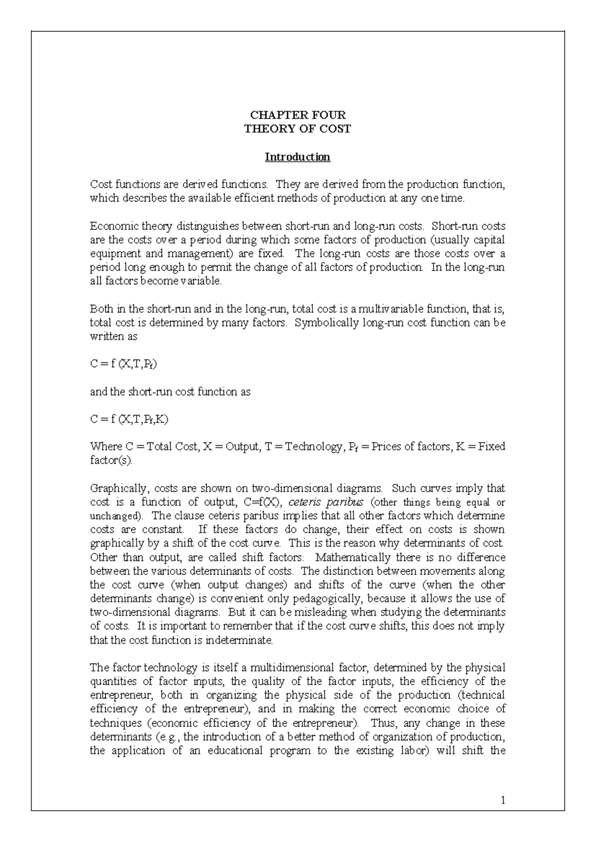 COST - Chapter four - CHAPTER FOUR THEORY OF COST Introduction Cost ...