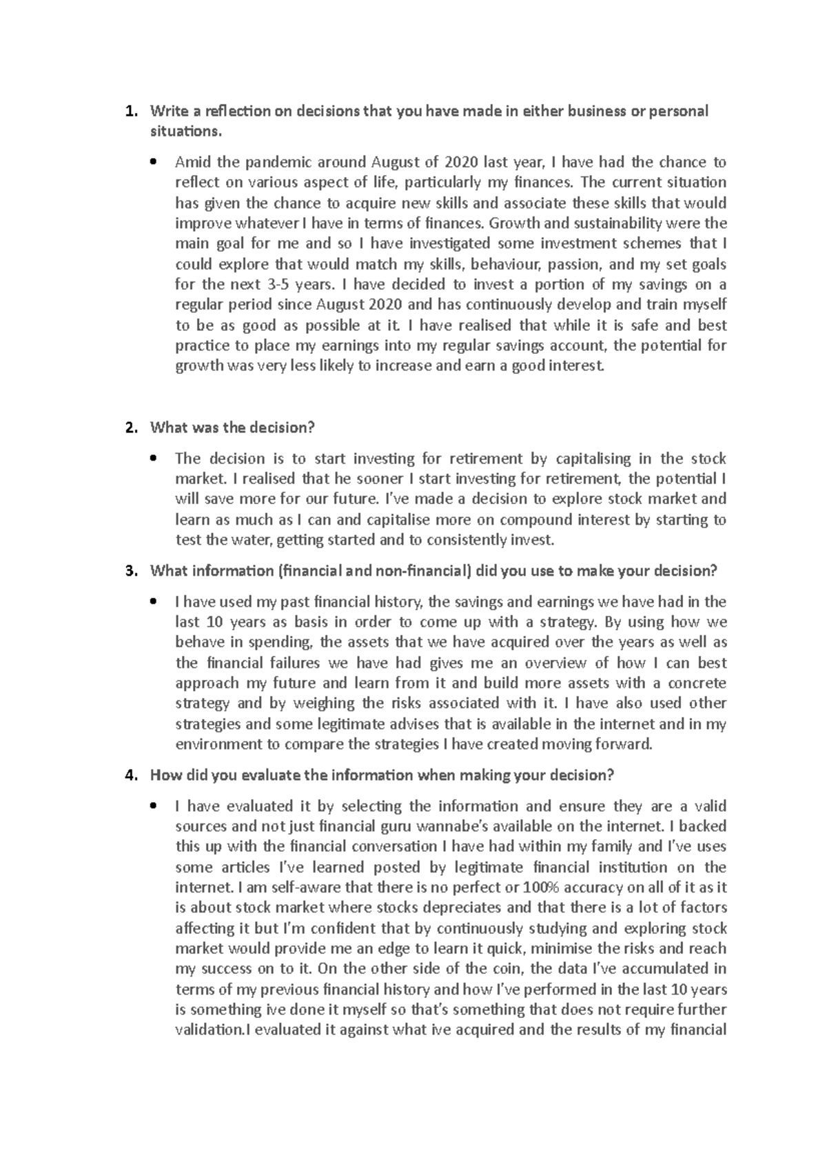 Assignmemt - Business Decision - 1. Write a reflection on decisions ...