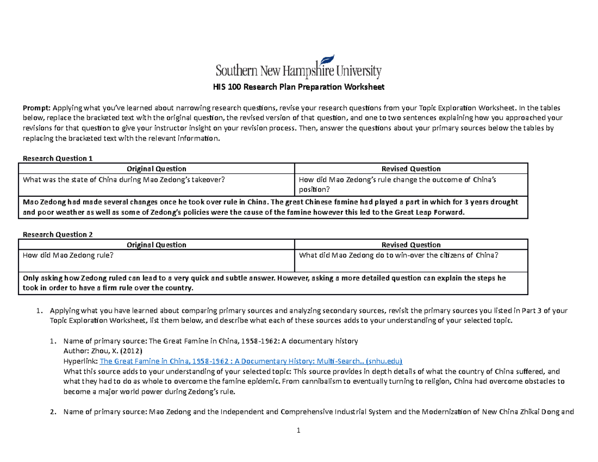 HIS 100 Research Plan Preparation Worksheet Mao Zedong - HIS 100 ...