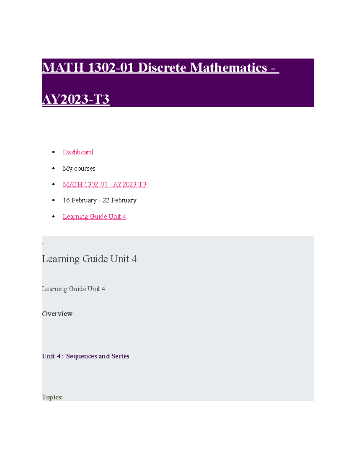 Learning Guide Unit 4- MATH 1302 - MATH 1302-01 Discrete Mathematics - AY2023-T Dashboard My ...