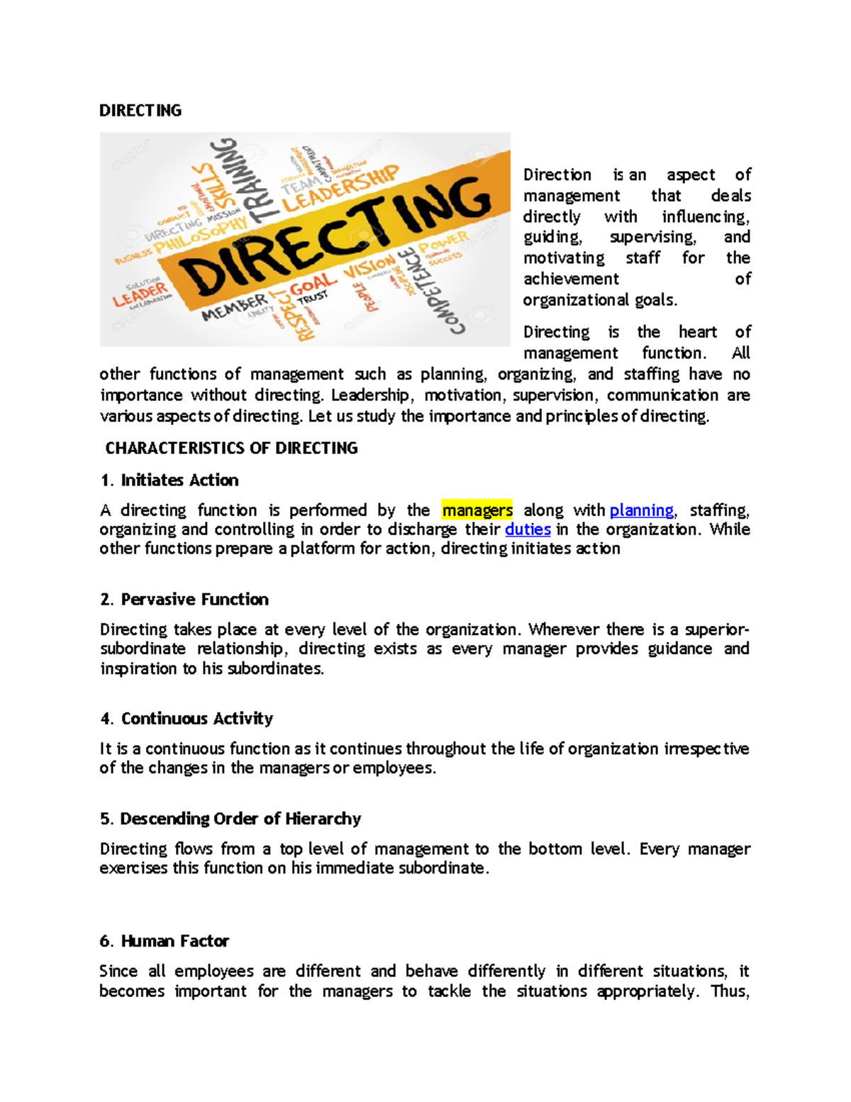Directing - Summaries - DIRECTING Direction is an aspect of management ...