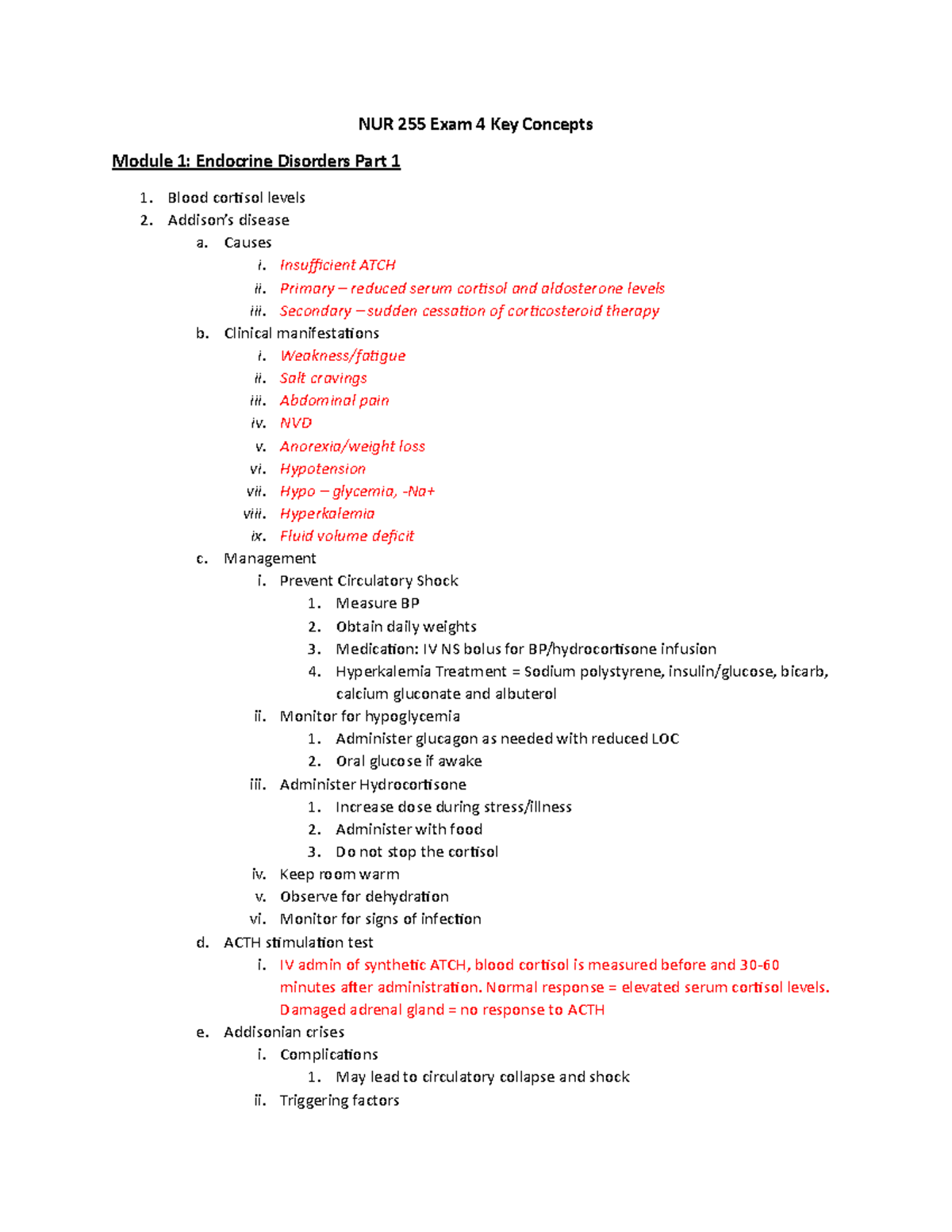 Exam 1 Key Concepts Spring 2023 - NUR 255 Exam 4 Key Concepts Module 1: Endocrine Disorders Part ...
