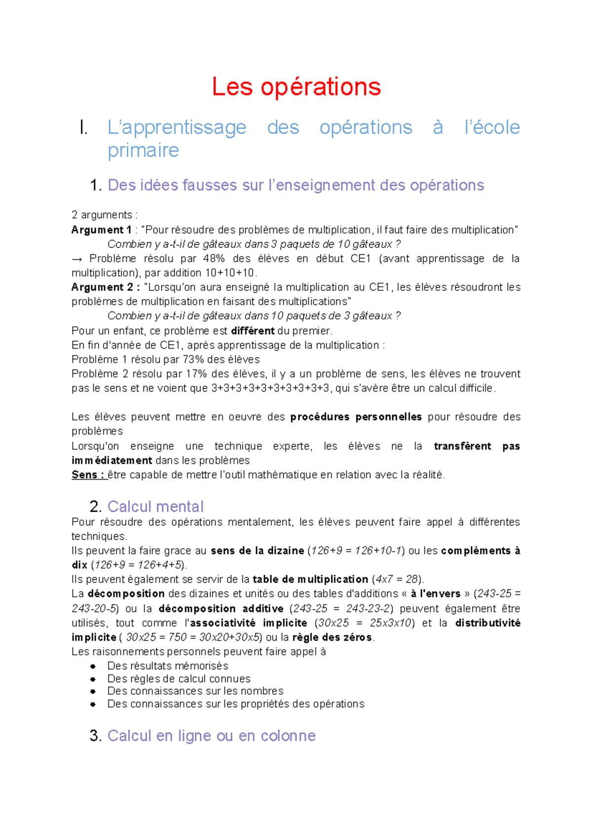 Les opérations - Notes de cours 2 - Les opérations I. L’apprentissage ...