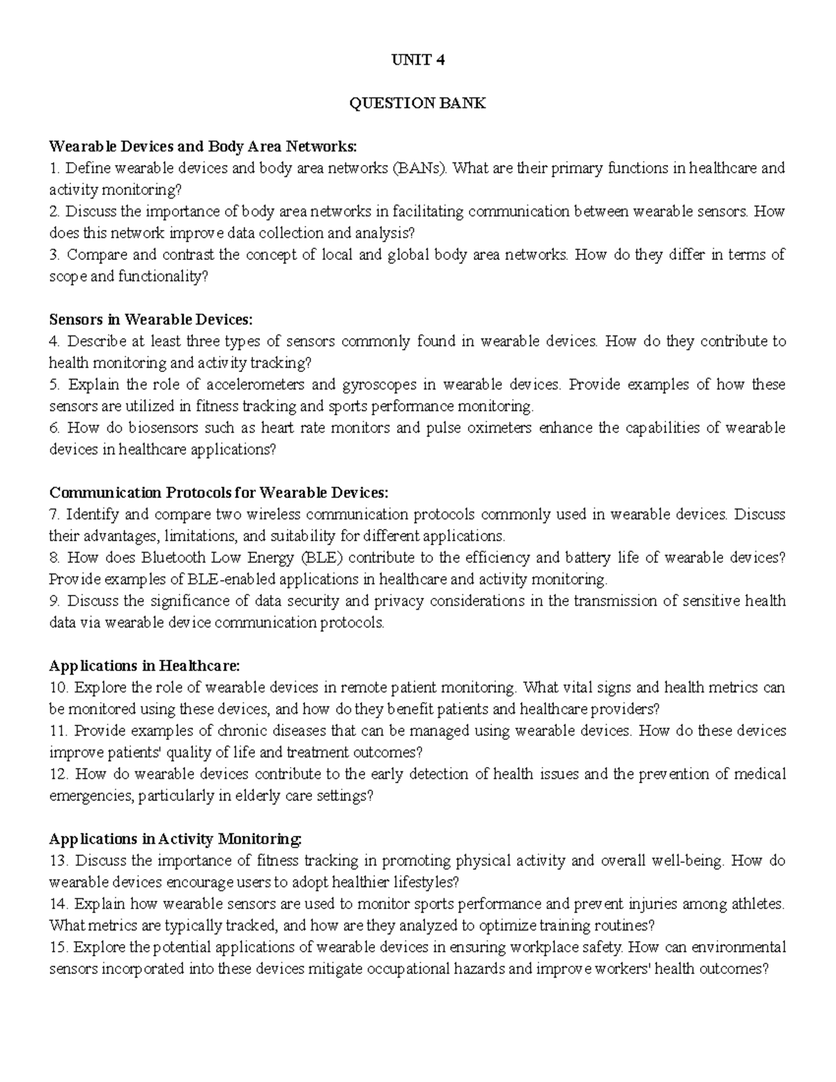 Unit 4 Question bank - UNit 3 - UNIT 4 QUESTION BANK Wearable Devices and Body Area Networks ...