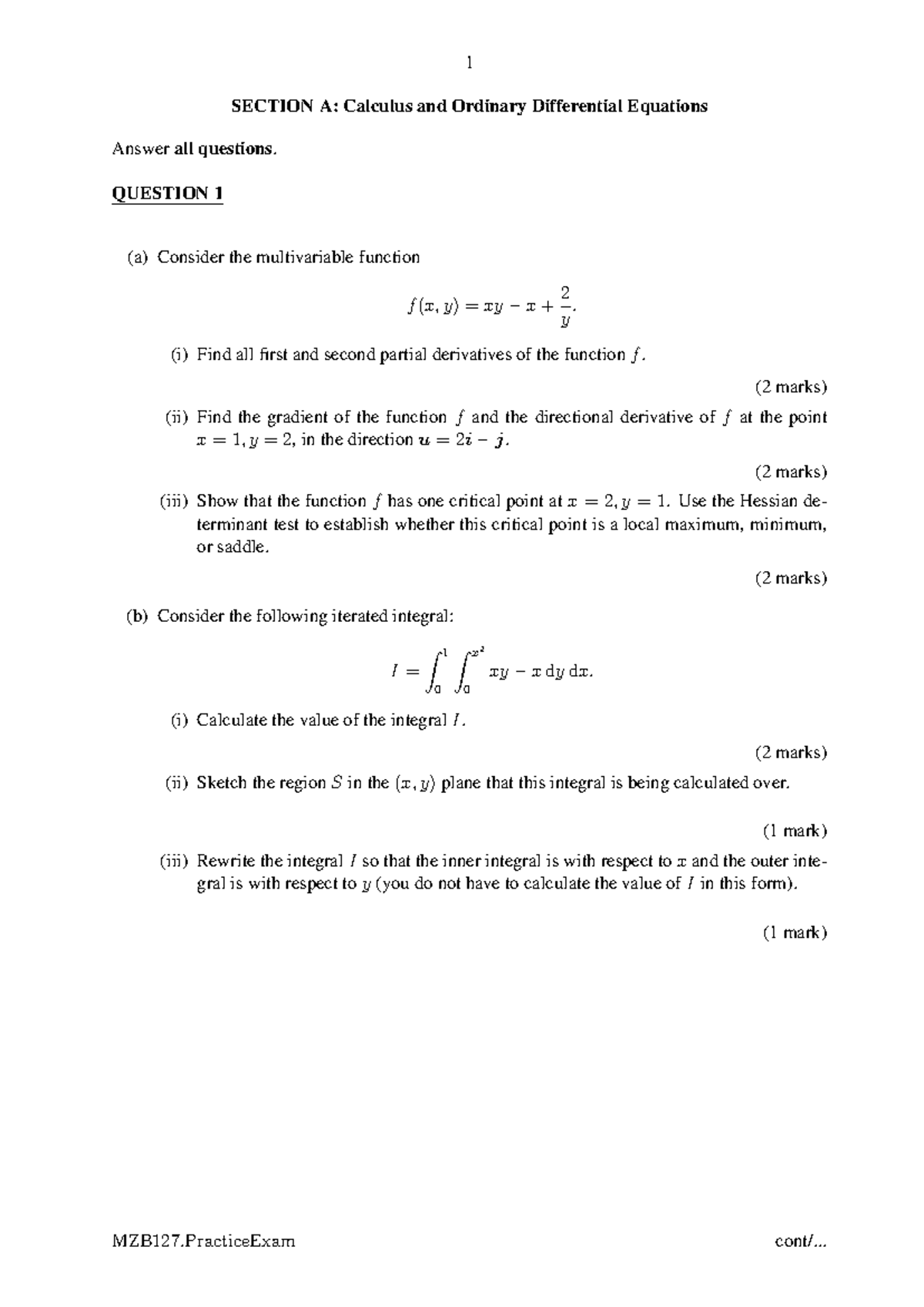 MZB127 Week 13 Practice Exam - 1 SECTION A: Calculus and Ordinary ...