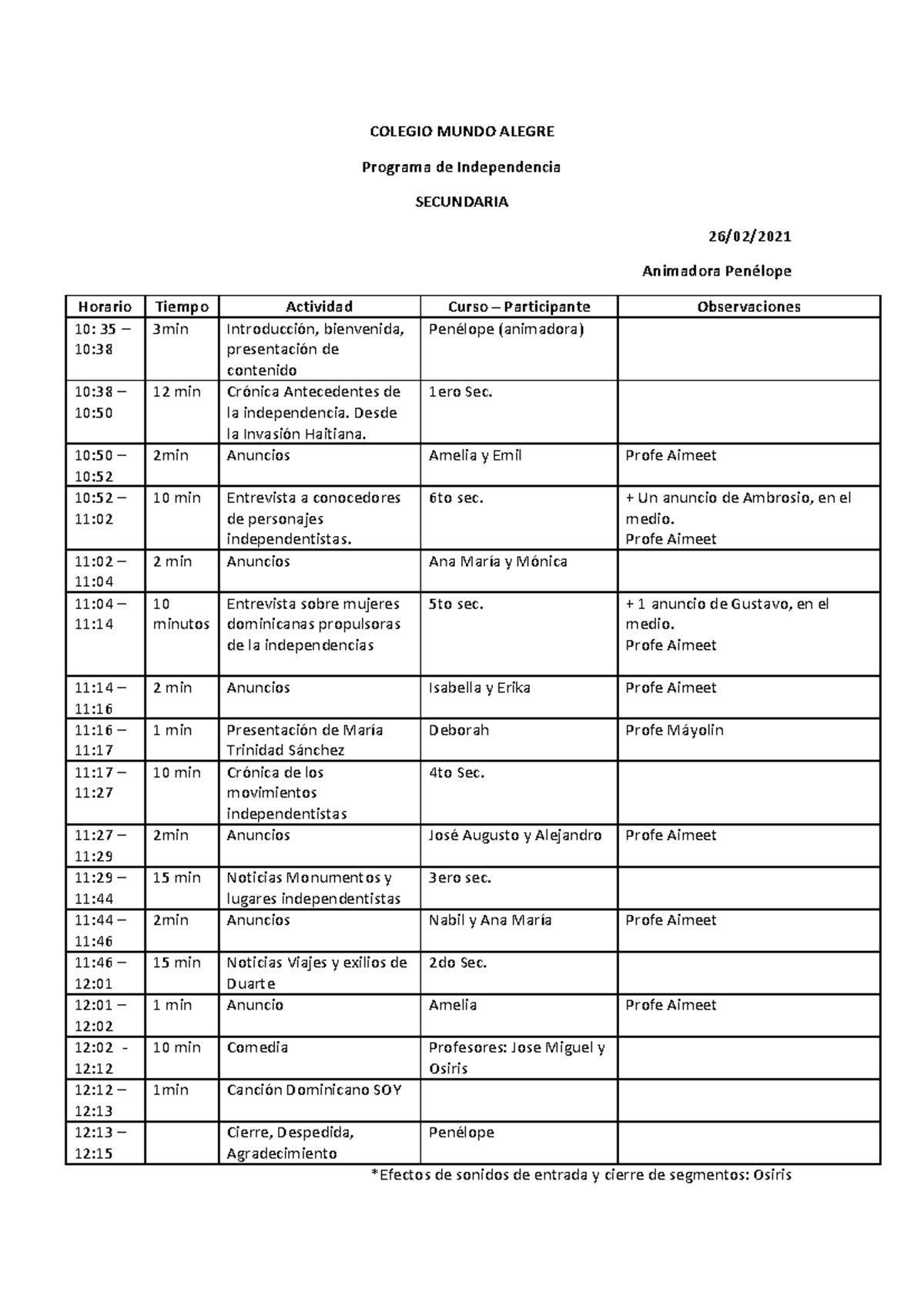 Programa actividad de independencia 2021. Secundaria - COLEGIO MUNDO ...