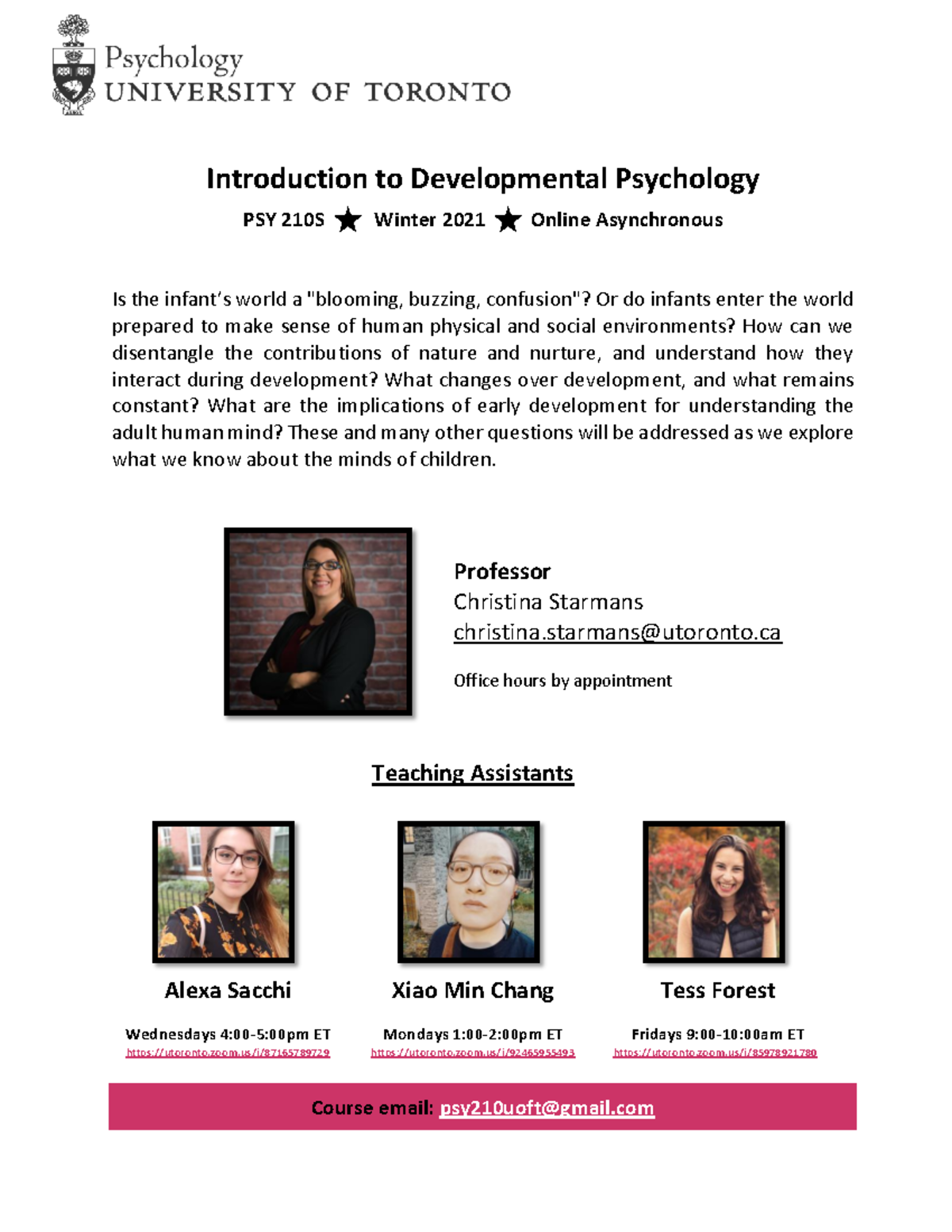 PSY210H1 Syllabus - Summary Introduction to Development - Introduction ...