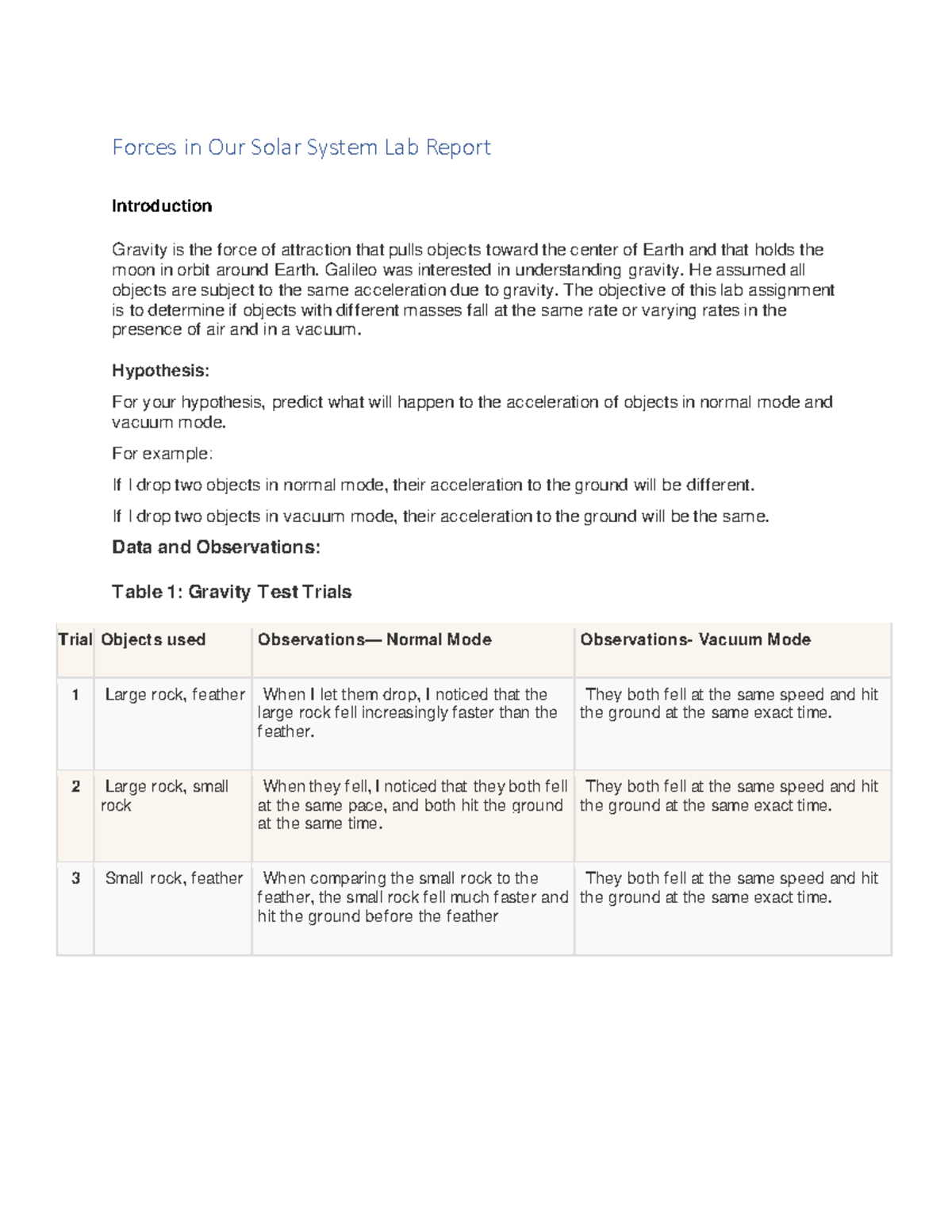 Forces in our solar system lab report - Forces in Our Solar System Lab ...