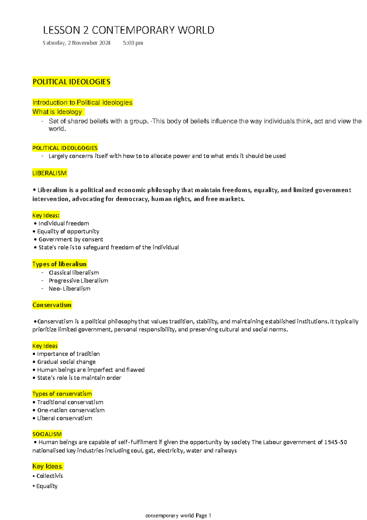 Lesson 2 Contemporary World - POLITICAL IDEOLOGIES Introduction to ...