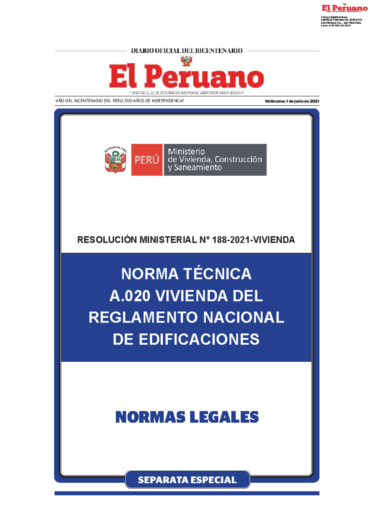 36 A.020 Vivienda - RM Nº 188-2021- Vivienda - SEPARATA ESPECIAL ...