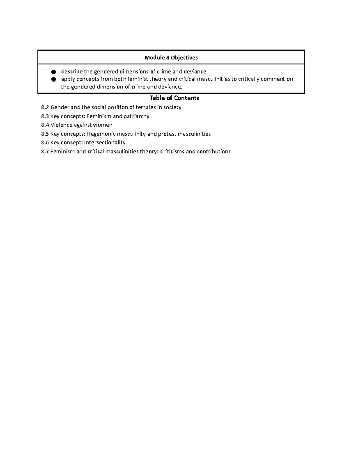 8 Gender - Week 8 Notes - Module 8 Objectives describe the gendered ...