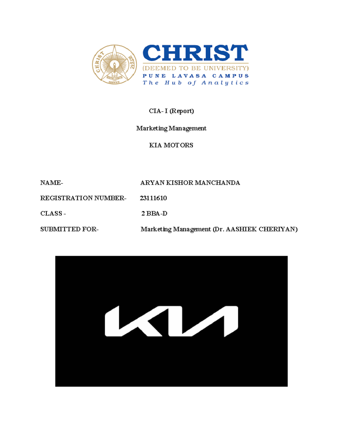 CIA Marketing Management- KIA Motors - CIA- I (Report) Marketing ...