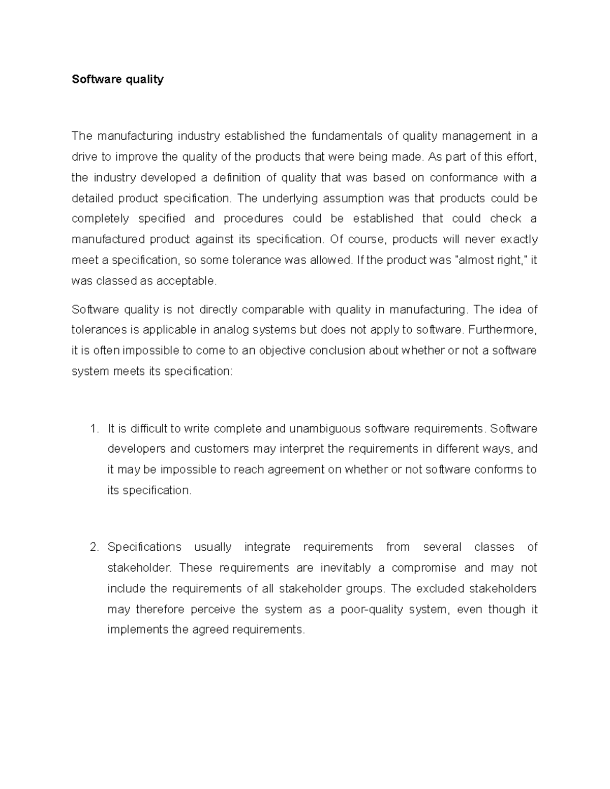 Software quality - Software quality The manufacturing industry ...