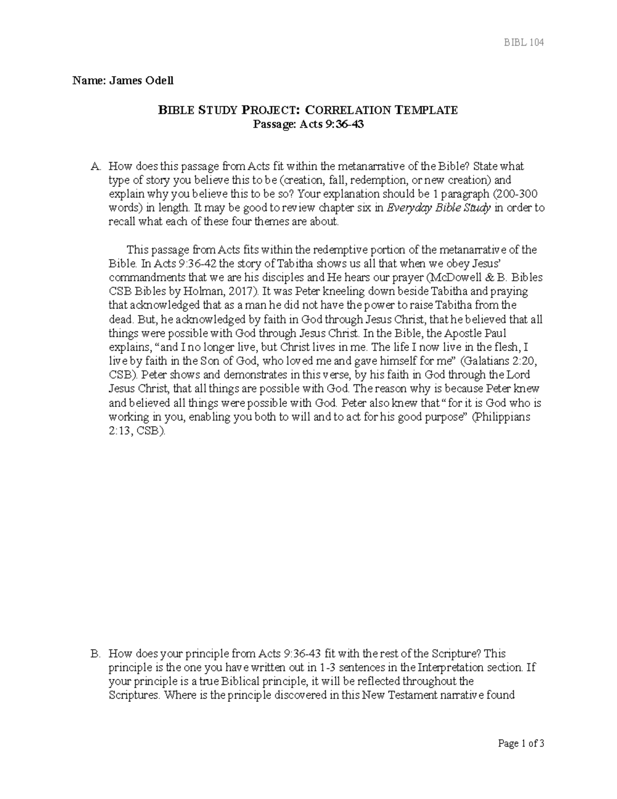 Bible Study Project Correlation Template Assignment - BIBL 104 Name ...