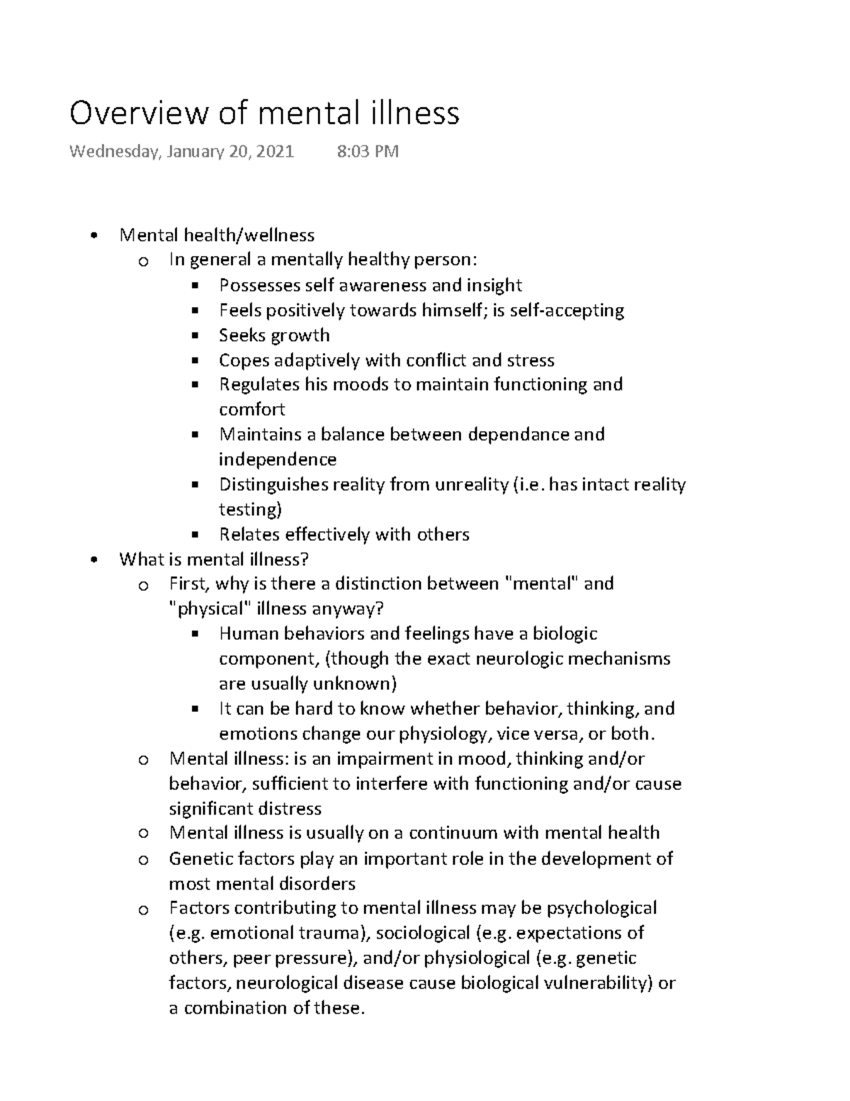 Overview of mental illness - Mental health/wellness In general a ...