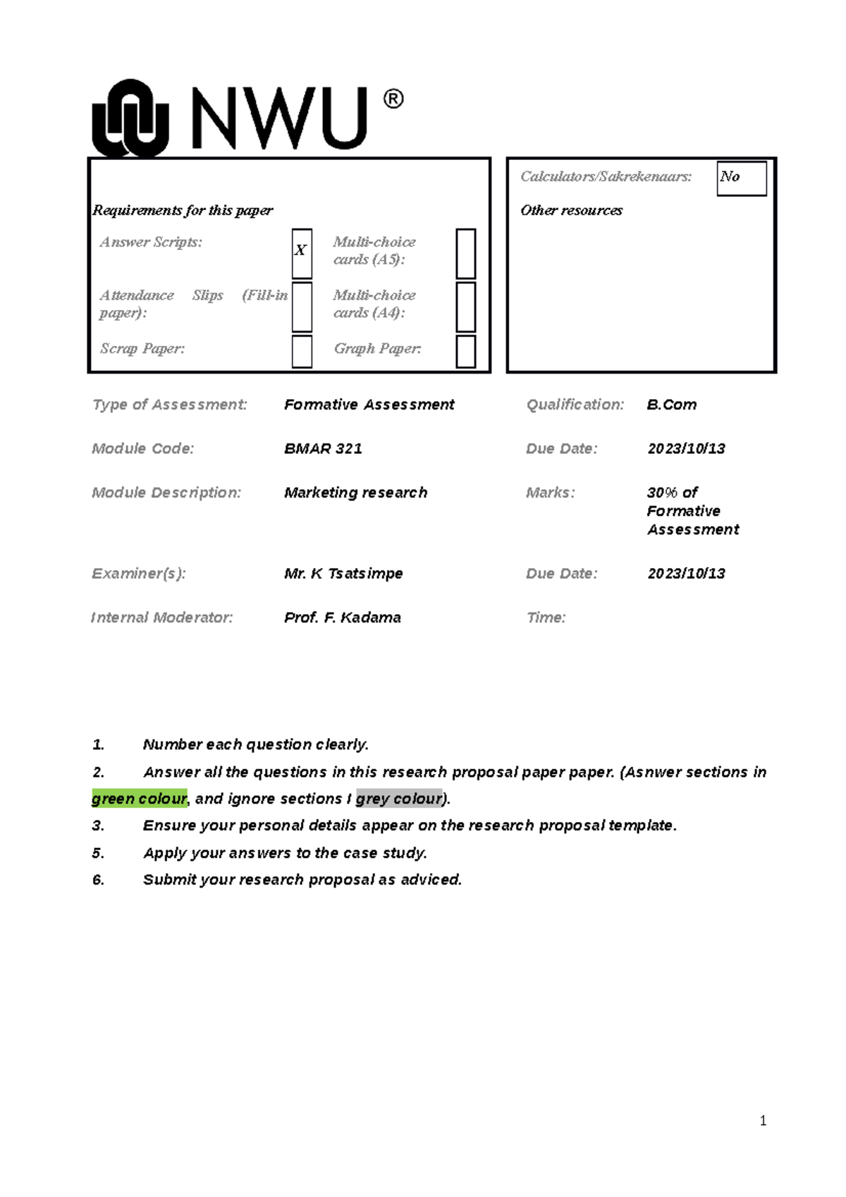 Bmar321 Individual Assignment Guideline 2023 - Calculators/Sakrekenaars ...