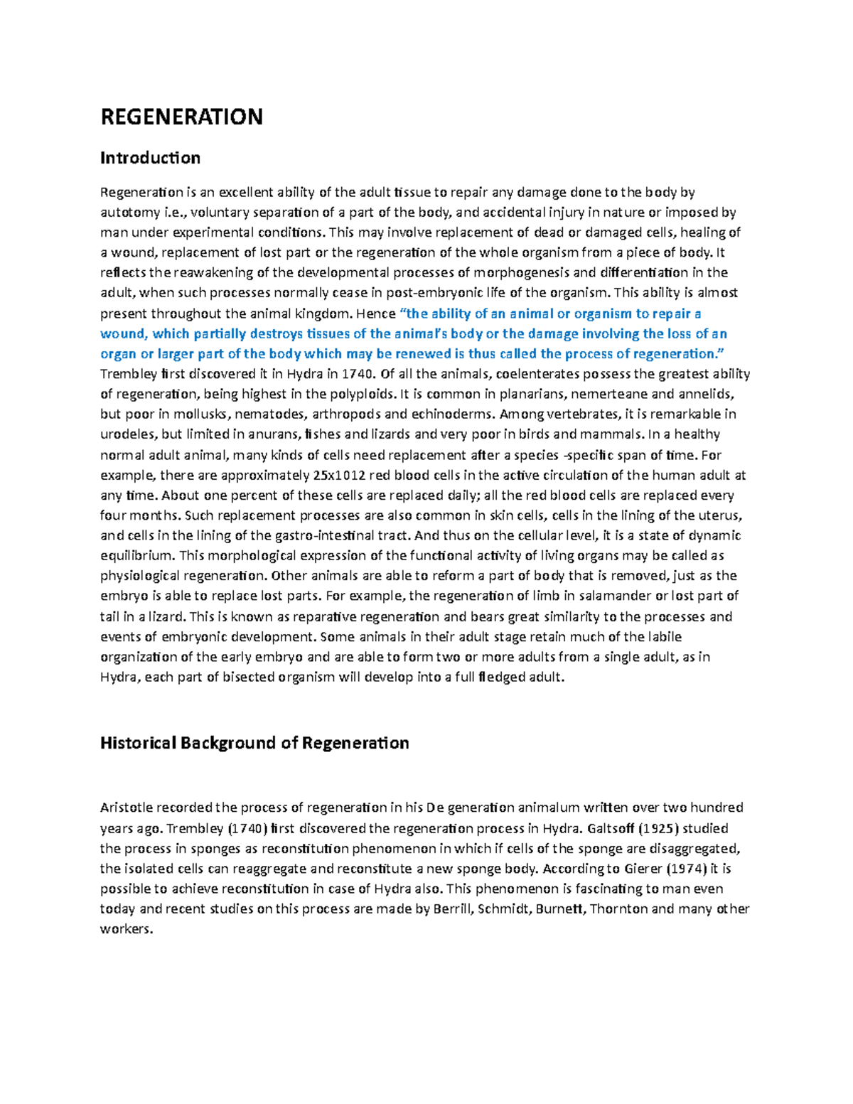 Regeneration history - REGENERATION Introduction Regeneration is an ...