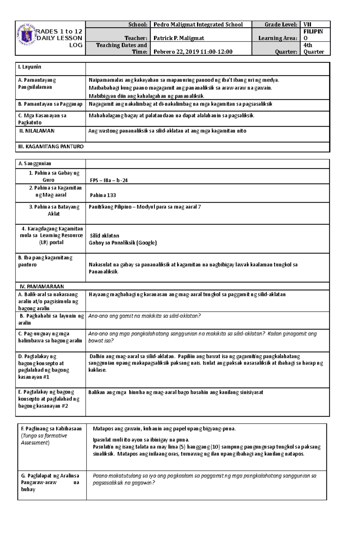 COT 3 Cot GRADES 1 To 12 DAILY LESSON LOG School Pedro Maligmat