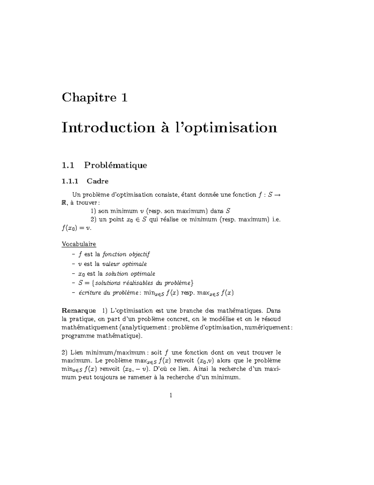 Cours Opt Introduction d'optimisation - 4 chap - Chapitre 1 Introduction `a l’optimisation 1 ...