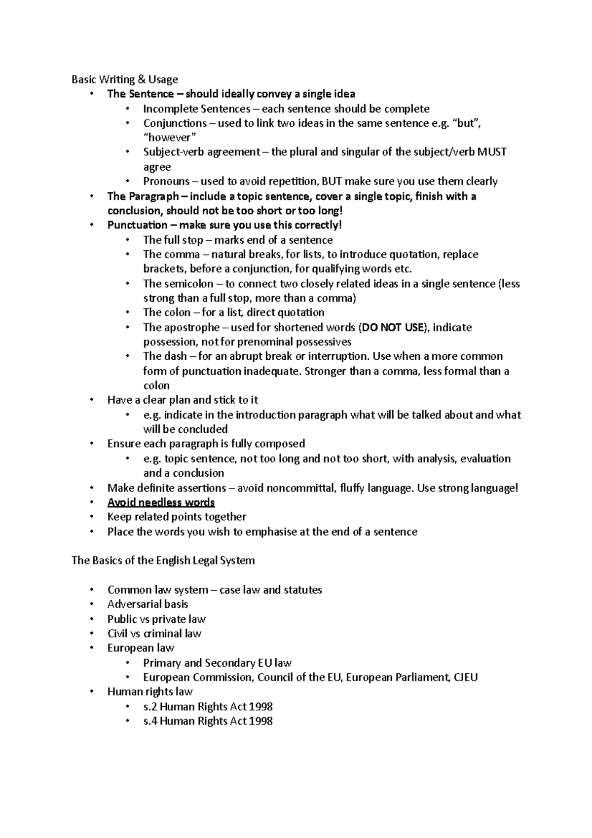 Legal basics - Lecture notes 1 - Basic Writing & Usage - The Sentence ...