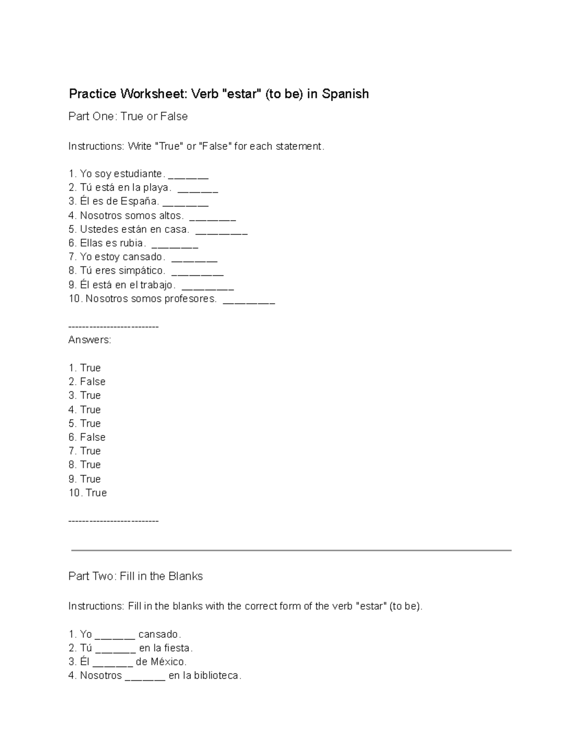 Spanish - Estar Verb Practice - Practice Worksheet: Verb "estar" (to be ...