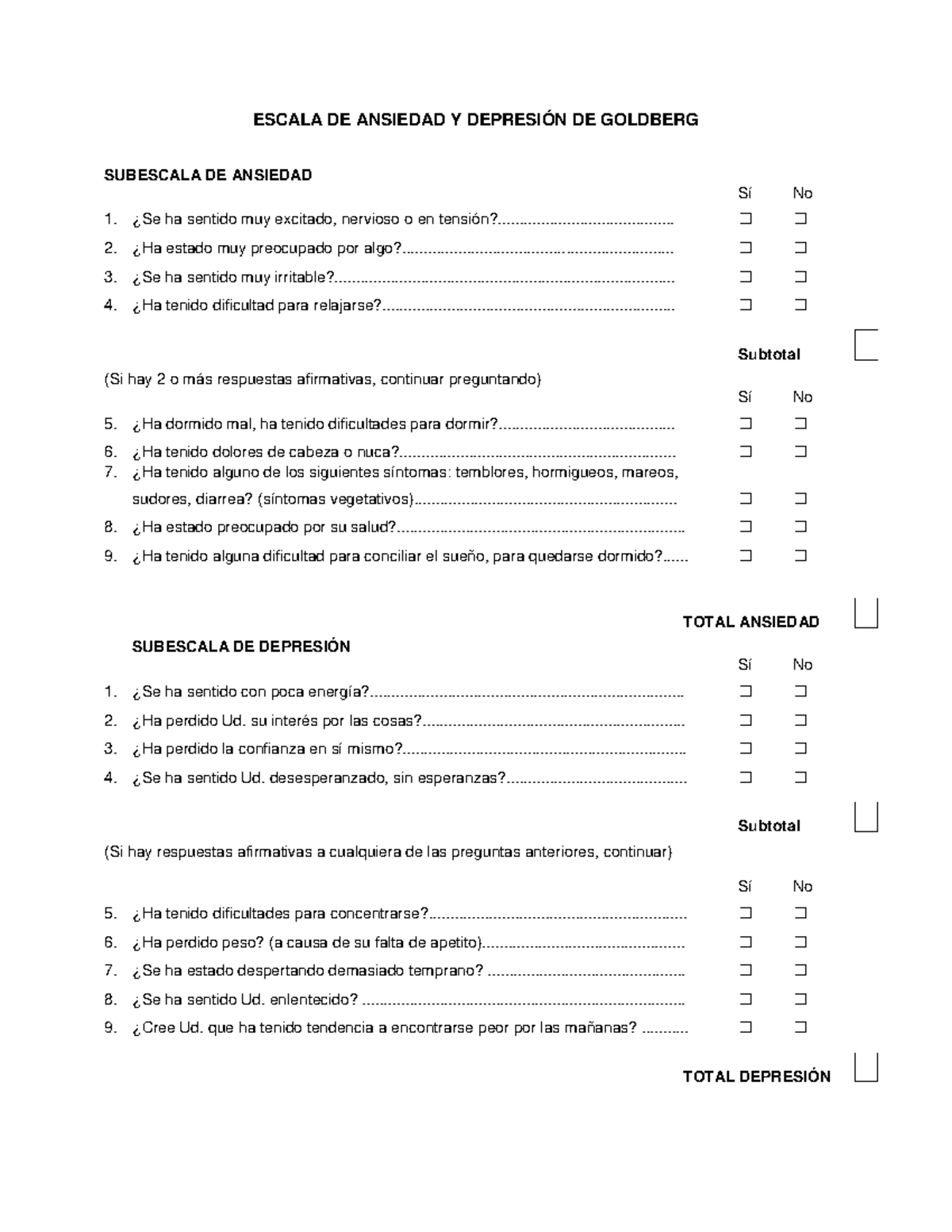 Test Ansiedad y depresión de Goldberg en español - ESCALA DE ANSIEDAD Y ...