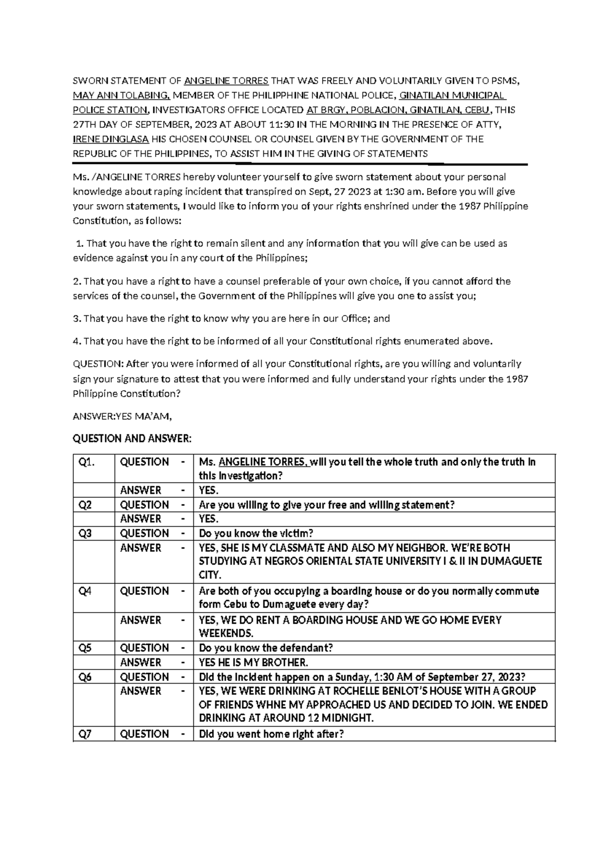 Sworn statement p1 - SWORN STATEMENT OF ANGELINE TORRES THAT WAS FREELY ...