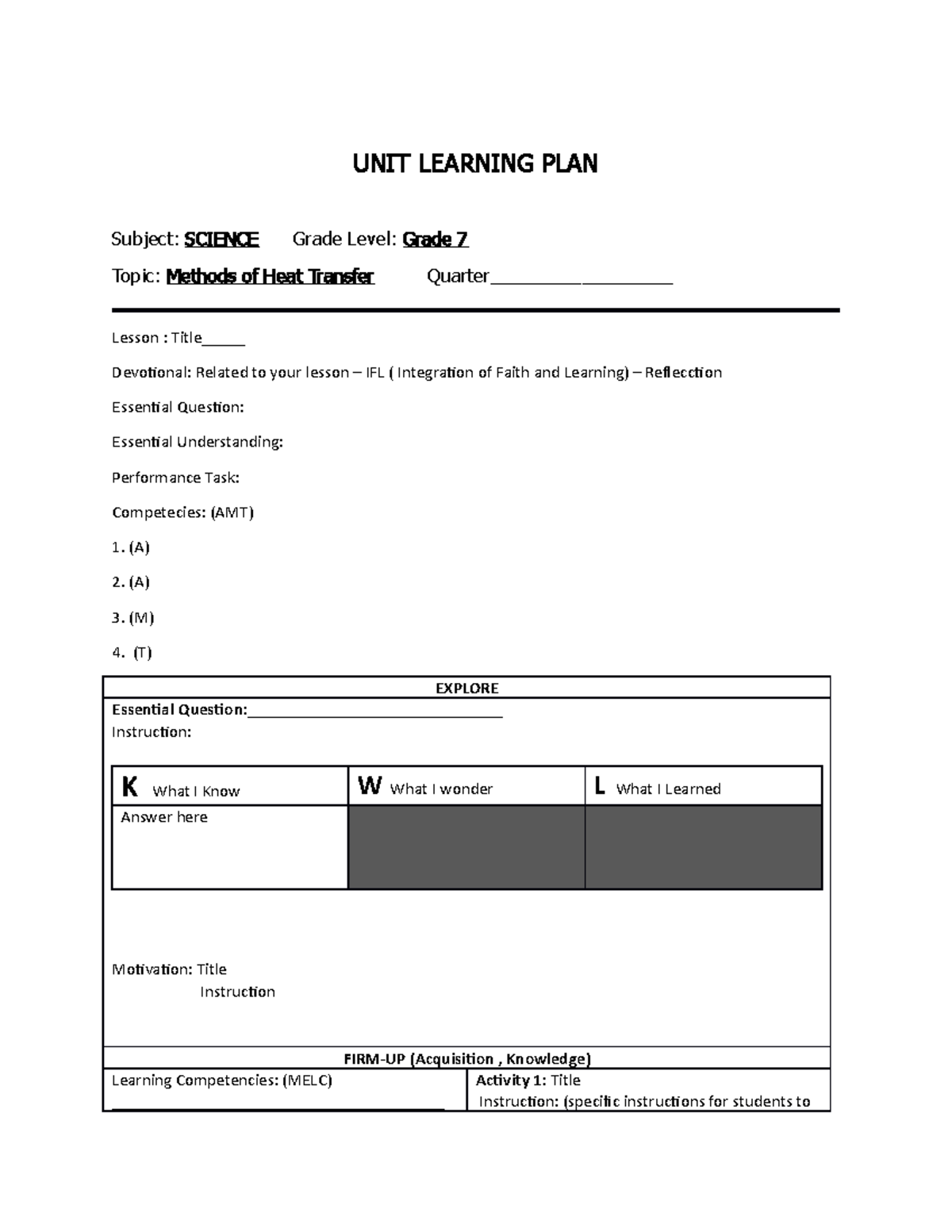 Learning-Plan - assss - UNIT LEARNING PLAN Subject: SCIENCE Grade Level ...