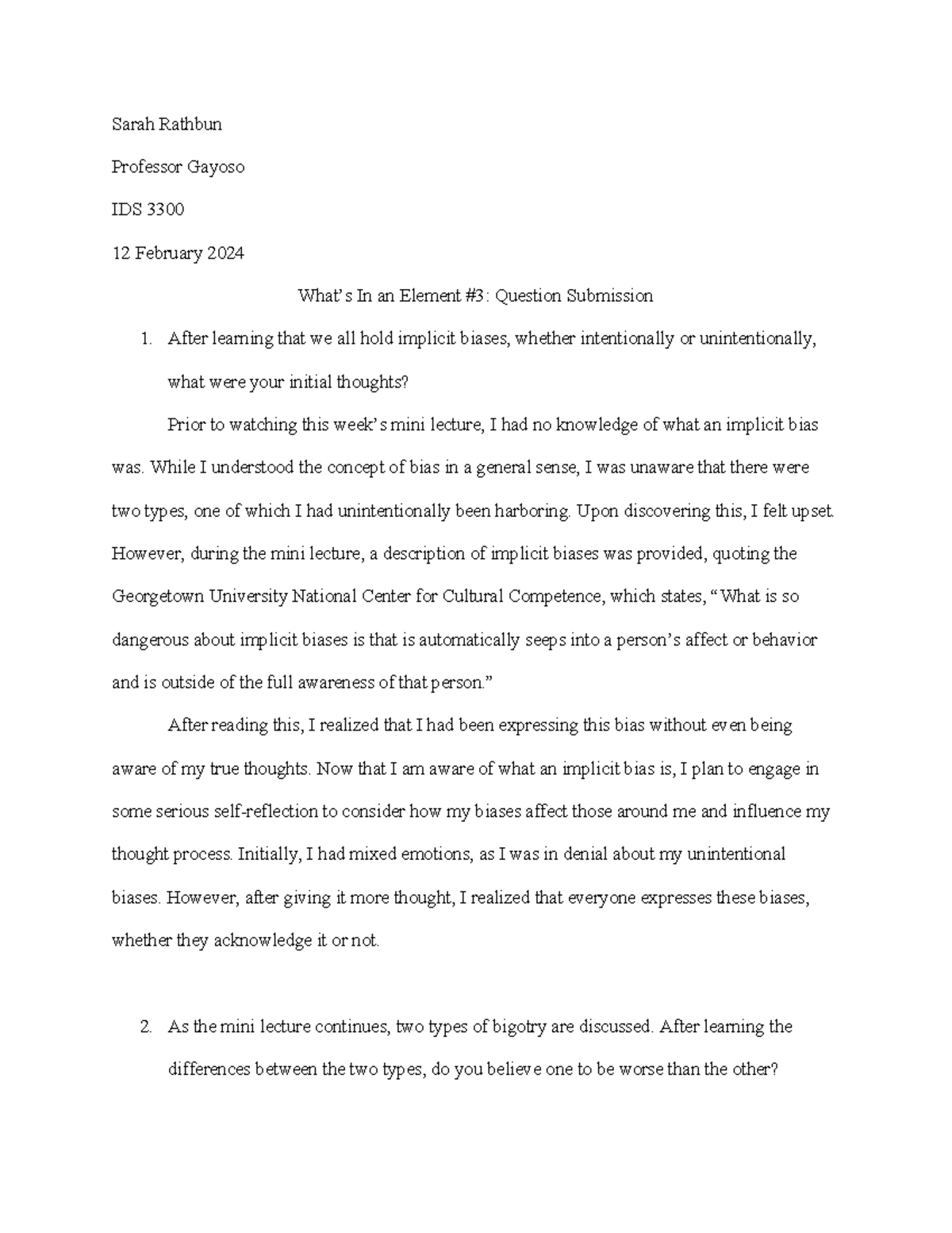 What's In an Element #3- Question Submission - Sarah Rathbun Professor ...