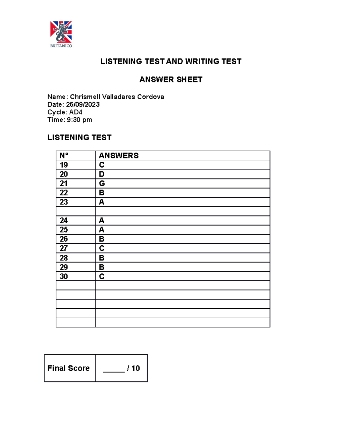 Listening TEST AND Writing TEST - Answer Sheet - LISTENING TEST AND ...