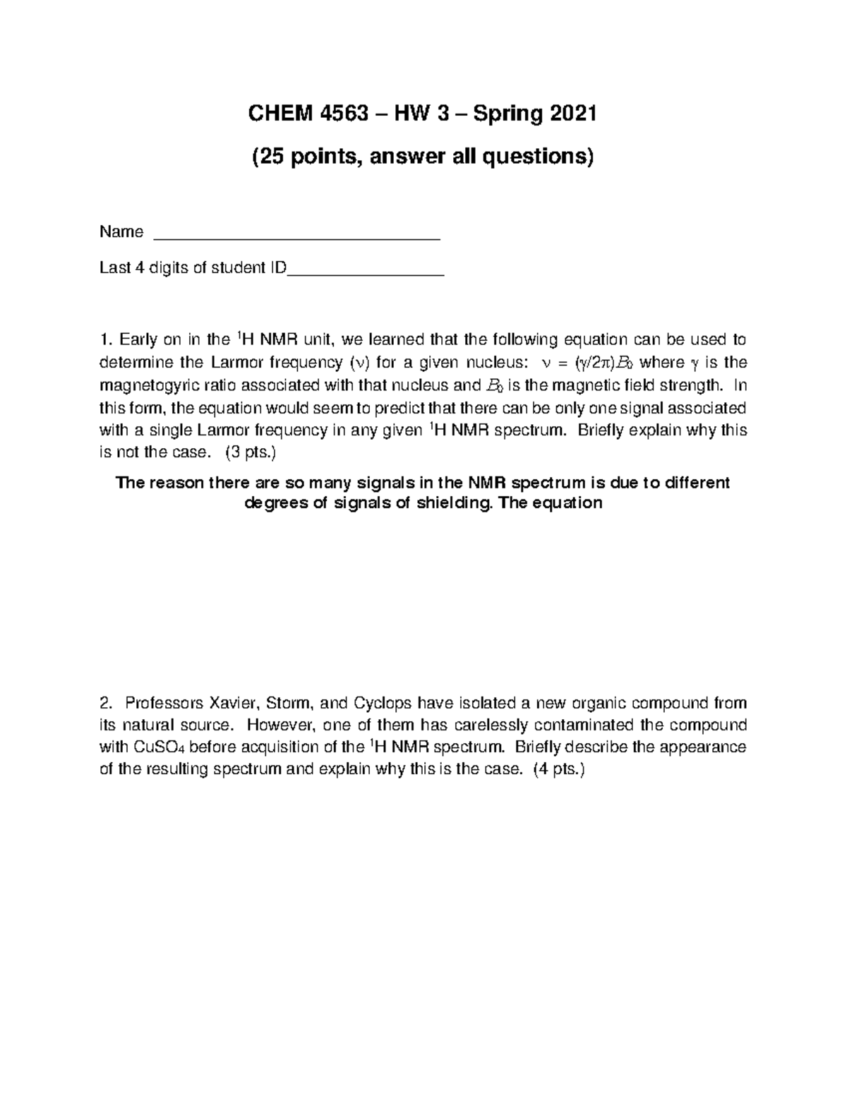 CHEM 4563 HW 3 2021 - CHEM 4563 – HW 3 – Spring 2021 (25 points, answer ...