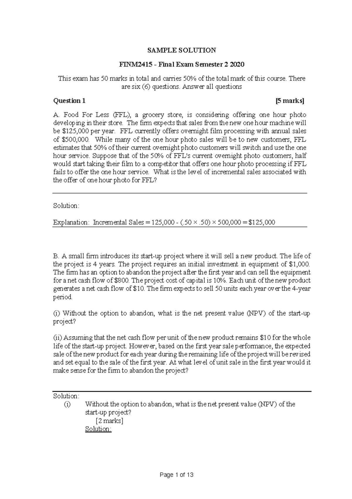 Sample final exam FINM2415 S2 2021 Solution - SAMPLE SOLUTION FINM2415 ...