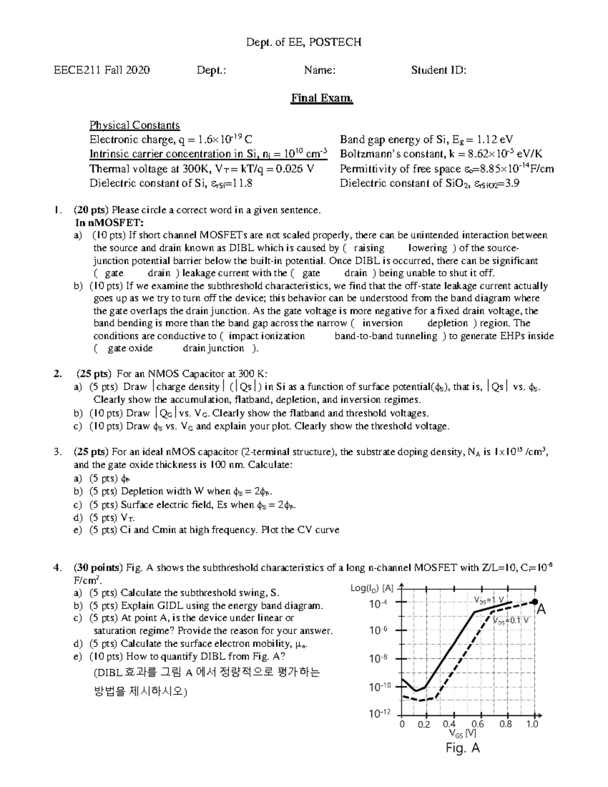 PAST Final Exam(20-18) - Dept. of EE, POSTECH EECE211 Fall 2020 Dept ...