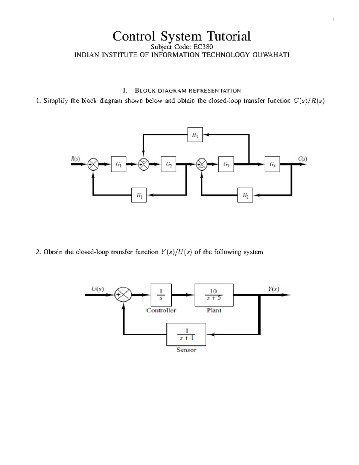 T2 Block Diagram SFG Time Response - Control System Tutorial Subject Code: EC INDIAN INSTITUTE ...