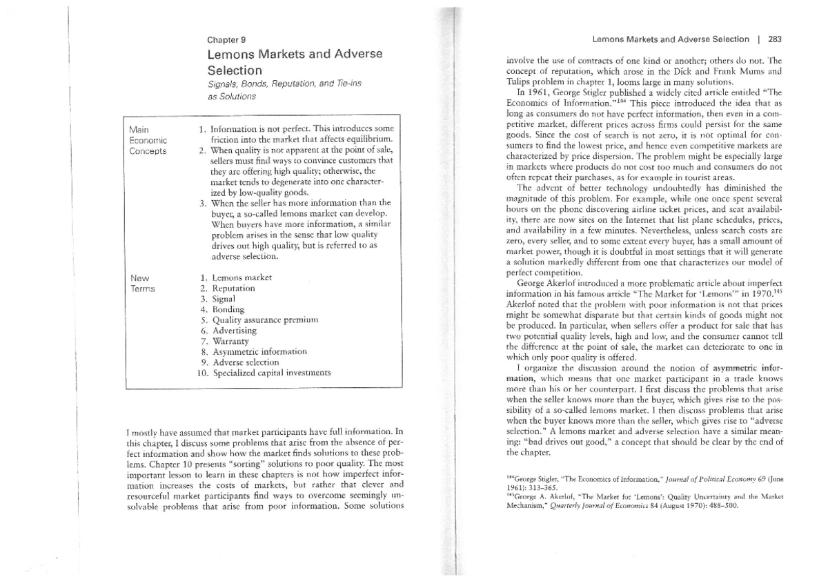 Lemons market and adverse selection - Law and Economics - Studocu