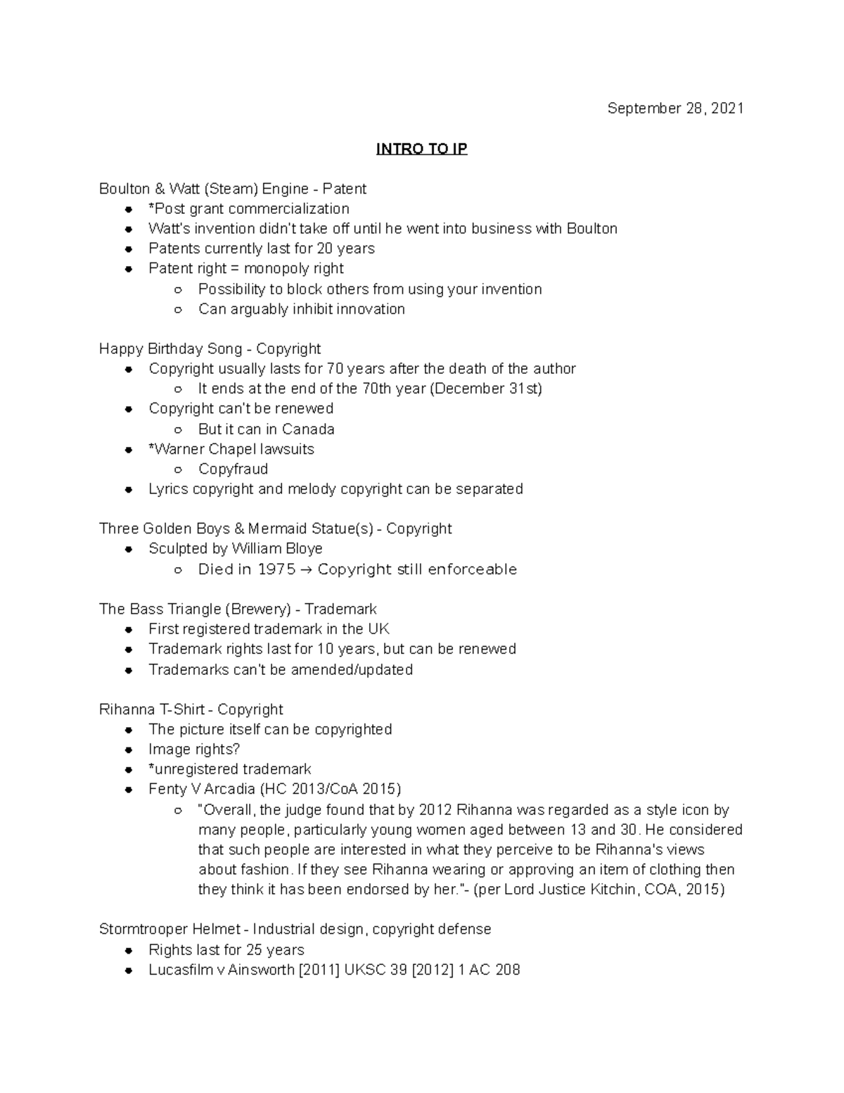 Intellectual Property Law Notes - September 28, 2021 INTRO TO IP ...