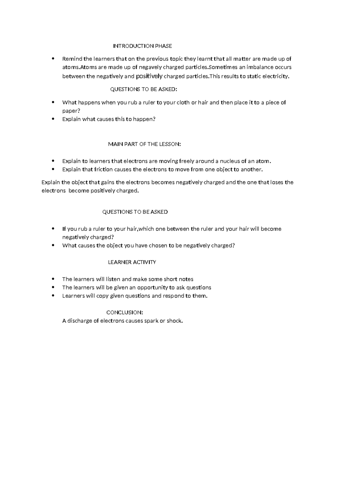 Lesson PLAN - INTRODUCTION PHASE Remind the learners that on the ...