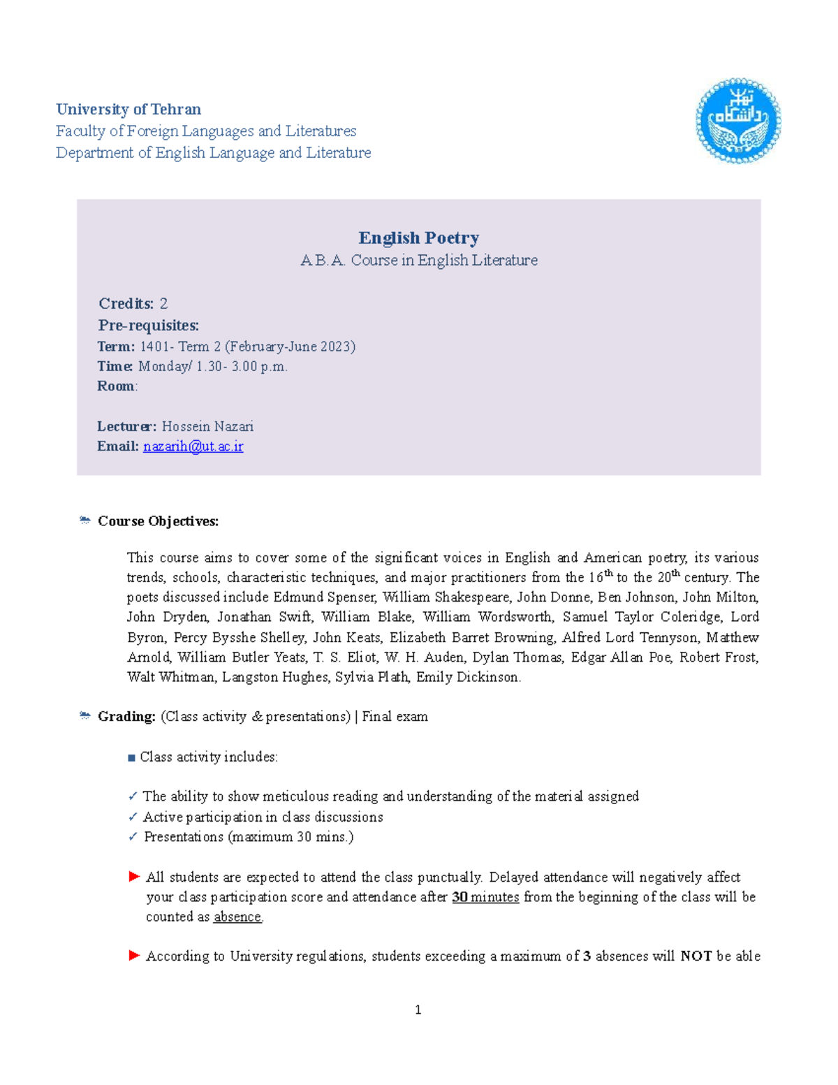 BA Poetry Syllabus-1401-2-UT - University of Tehran Faculty of Foreign ...